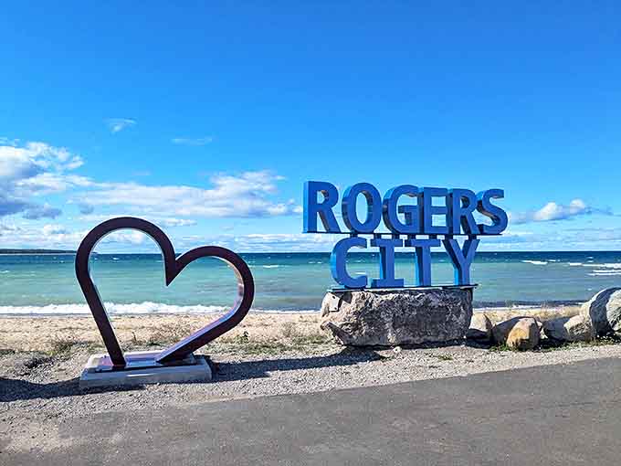 The Rogers City sign with heart sculpture perfectly captures this town's appeal&mdash;genuine warmth against the backdrop of stunning natural beauty.