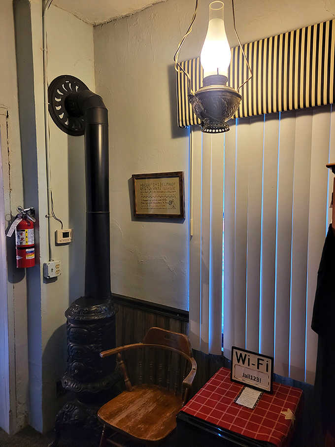 A vintage stove and carefully selected period details create atmospheric corners throughout the jail, perfect for history enthusiasts.