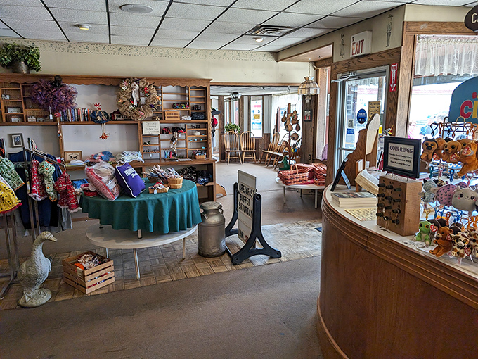 The gift shop area offers handcrafted treasures and local specialties, allowing visitors to take home a piece of Amish Country beyond just delicious memories.