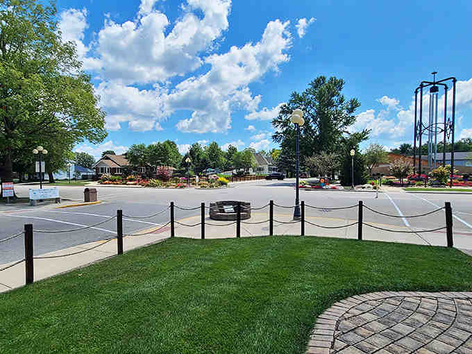 The landscaped grounds surrounding the chime create a park-like setting that invites visitors to linger and enjoy the atmosphere.