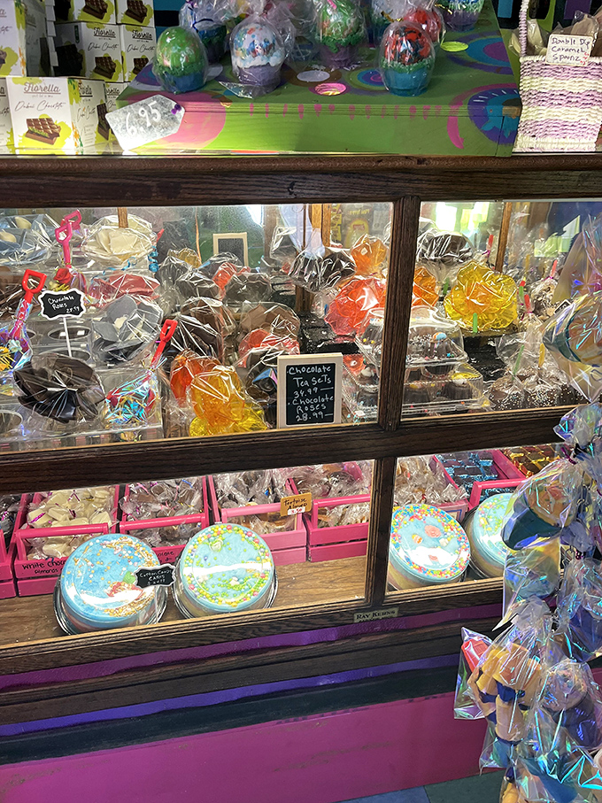 Chocolate delights await behind glass, like edible museum pieces that somehow look even better than they taste (and they taste amazing).