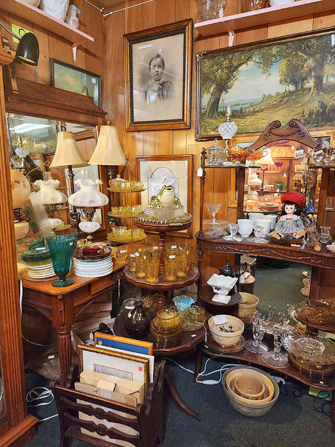 Vintage tableware and family portraits create an intimate atmosphere, like you're being invited to Sunday dinner at a house where every object has sentimental value.