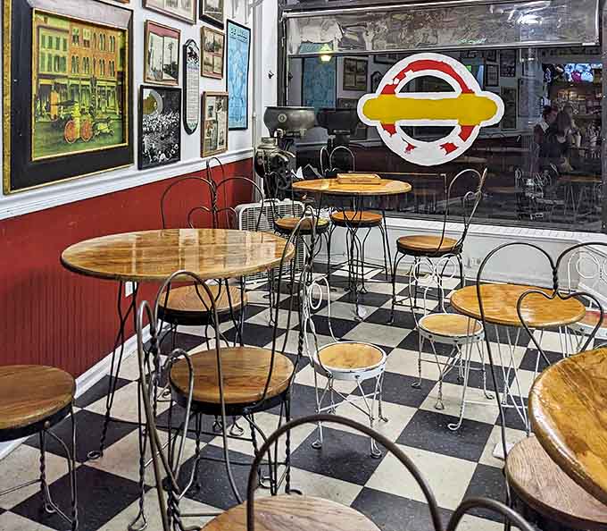 Vintage wire-backed chairs and wooden tables create the perfect stage for ice cream drama to unfold &ndash; where every bite becomes a memorable scene.