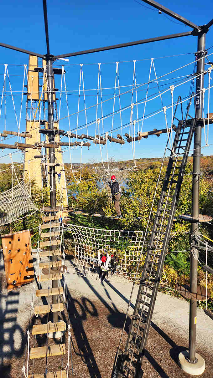 A web of ropes, cables and courage suspended above the ground – the aerial adventure course challenges balance and bravery equally.