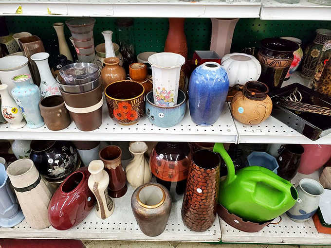 Vases in every imaginable color stand ready for their second act &ndash; from mid-century modern ceramics to hand-blown glass waiting for fresh flowers.