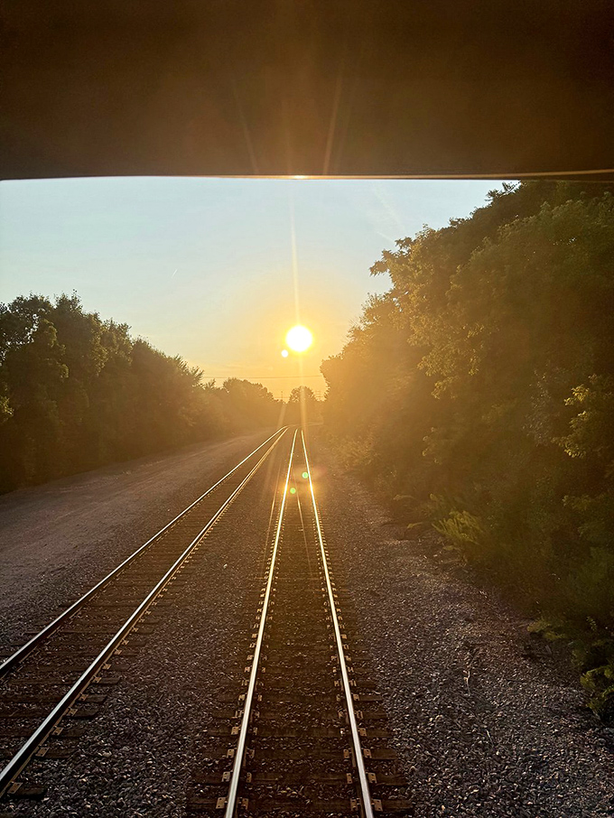 Golden hour transforms the tracks ahead into gleaming ribbons of possibility, leading travelers toward new horizons.