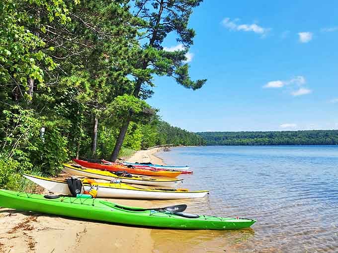 Trout Bay's colorful kayaks wait patiently on shore, like eager puppies hoping you'll pick them for the next adventure.