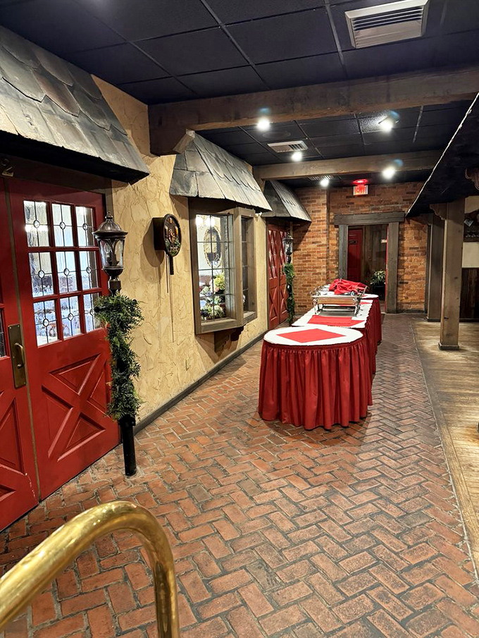 The upstairs dining area transforms ordinary banquets into Bavarian celebrations with its charming village-inspired design and brick herringbone floors.