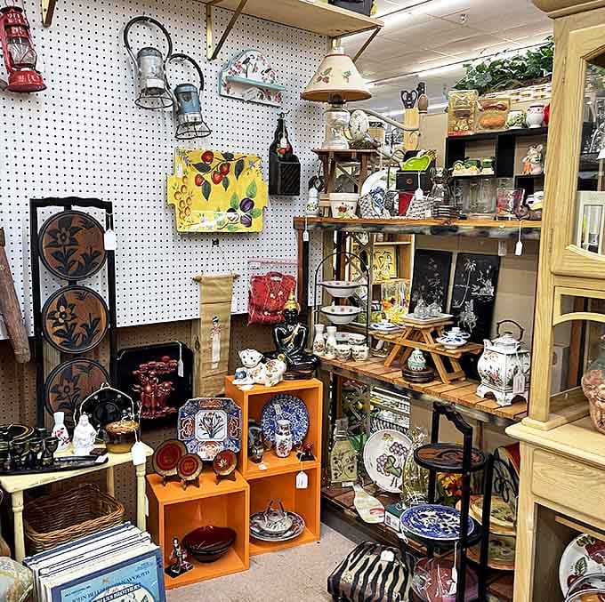 A perfectly curated corner of porcelain treasures and decorative items. Someone's grandmother is looking down approvingly at this display of "the good china."