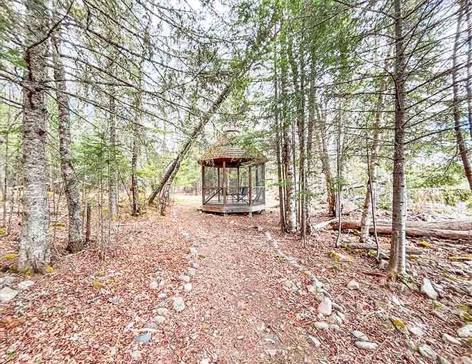 Follow this path through whispering pines to discover the screened gazebo &ndash; mosquito-free evening relaxation awaits!