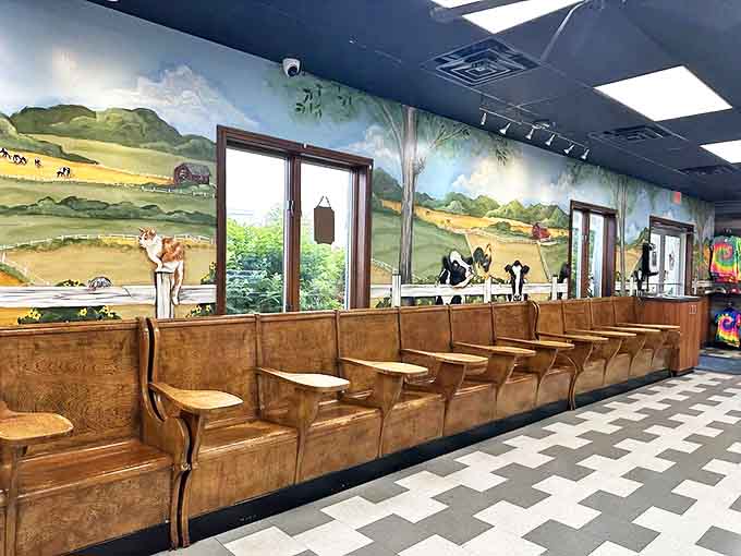 Pastoral wall paintings celebrate dairy farming heritage, while wooden seating invites visitors to contemplate the serious business of ice cream consumption.