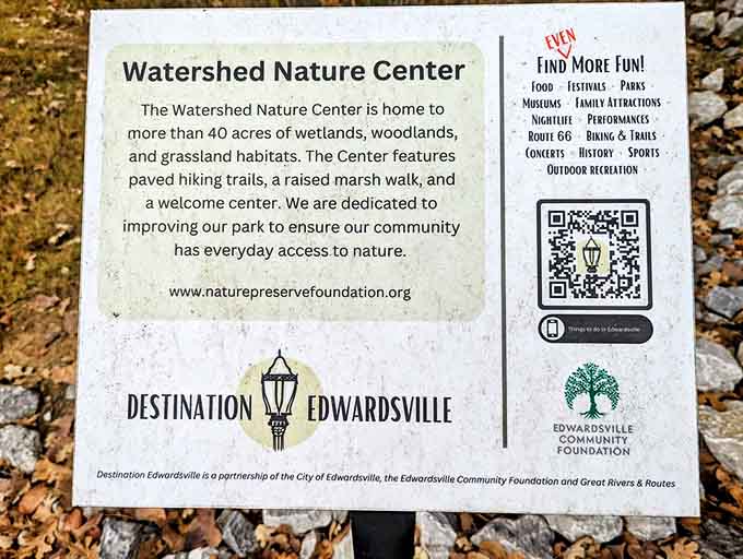 Informative signage reveals the preserve's mission: connecting community members with nature through education, conservation and accessible trails.