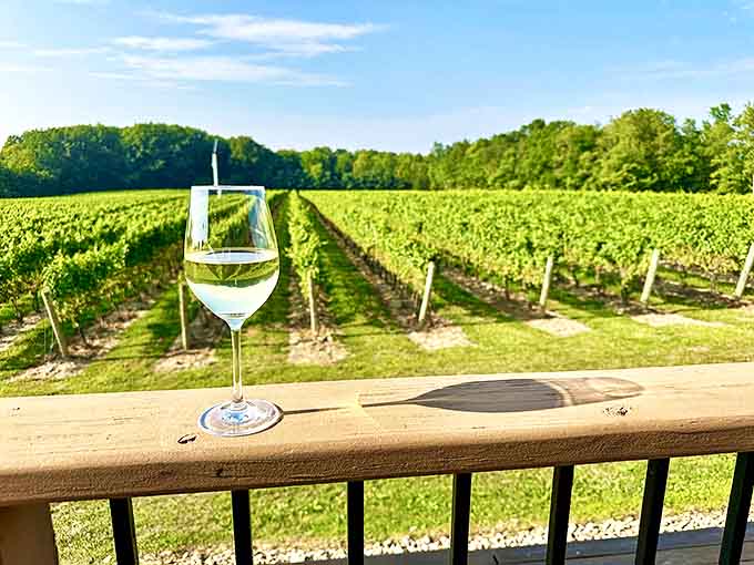 A glass of crisp white wine catches the sunlight, creating liquid gold against the backdrop of verdant vines.