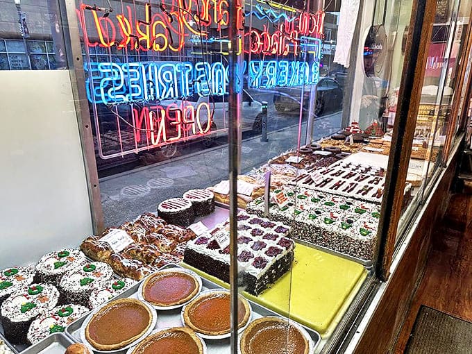 Window shopping takes on new meaning when what you're eyeing are rows of cakes and pies illuminated by neon like Broadway stars.