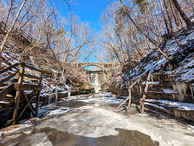 Winter transforms Matthiessen's waterfall into a frozen sculpture garden, where icicles hang like nature's own chandeliers.