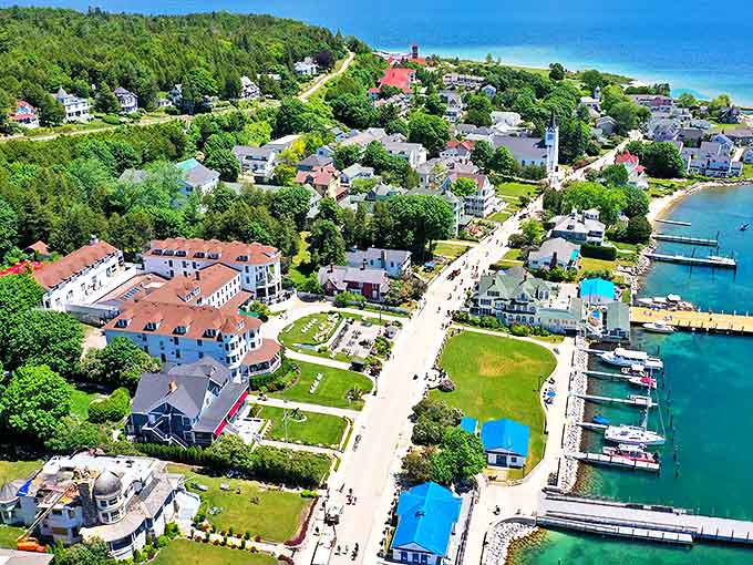 An aerial view reveals Mackinac's perfect layout, where nature and civilization coexist in a harmony rarely achieved in our concrete-covered world.