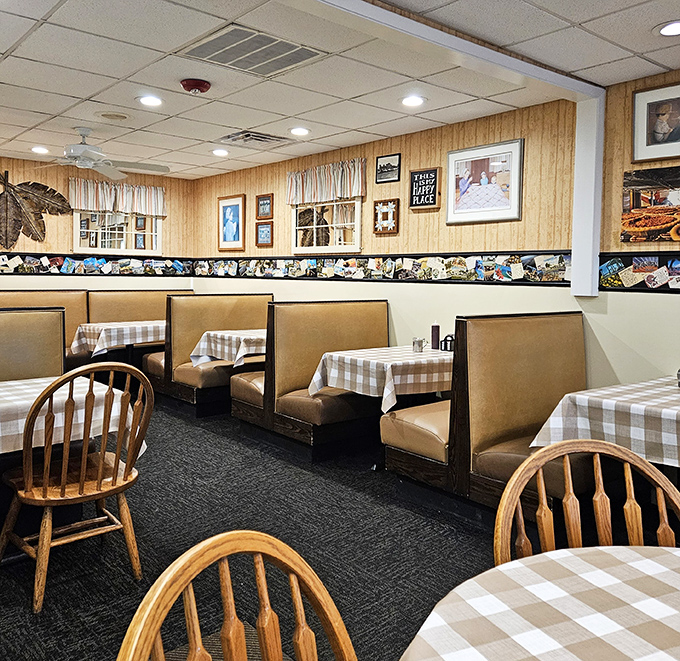 Cozy booths line the walls, offering the perfect vantage point for people-watching while contemplating which pie flavor to try on your next visit.
