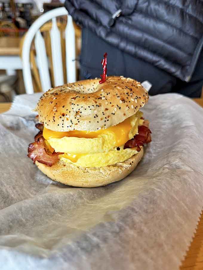 Burger: Breakfast sandwich perfection – melty cheese, fluffy eggs, and a toasted bagel that puts sad drive-thru versions to absolute shame.