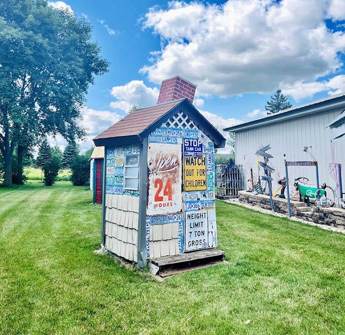 Against moody skies, these miniature buildings form a village dedicated to the most universal of human necessities.