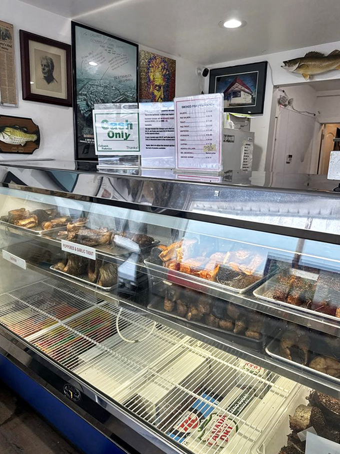 Behind this glass lies a wonderland of smoked delicacies that have been perfected through generations of dedication to craft.