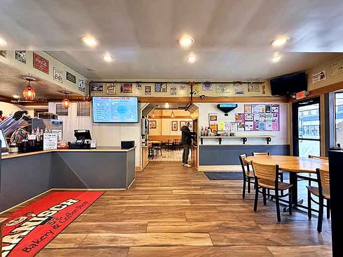 The dining area invites lingering conversations over coffee and crumbs, where calories don't count if you're with friends.