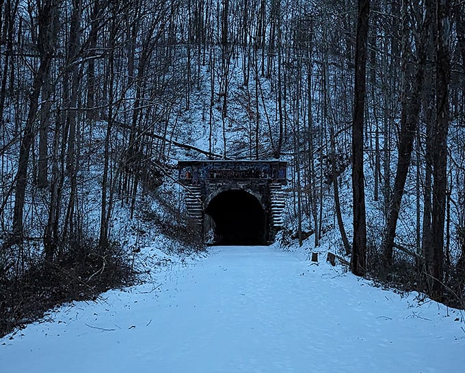 Winter transforms Moonville Tunnel into a snow-framed portal between two pristine white worlds.