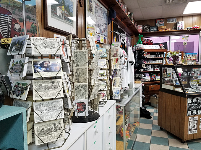 Postcards and souvenirs await travelers eager to bring home a piece of Route 66 nostalgia from this temple of roadside cuisine.