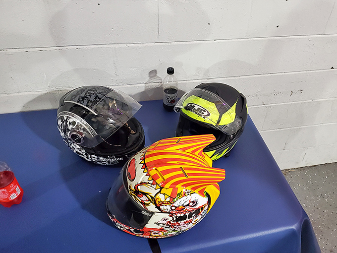 Safety comes first with professionally maintained helmets &ndash; each one representing countless laps and racing memories.
