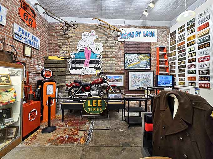 Memory Lane comes alive with vintage motorcycles, classic signage, and enough license plates to wallpaper a small diner.