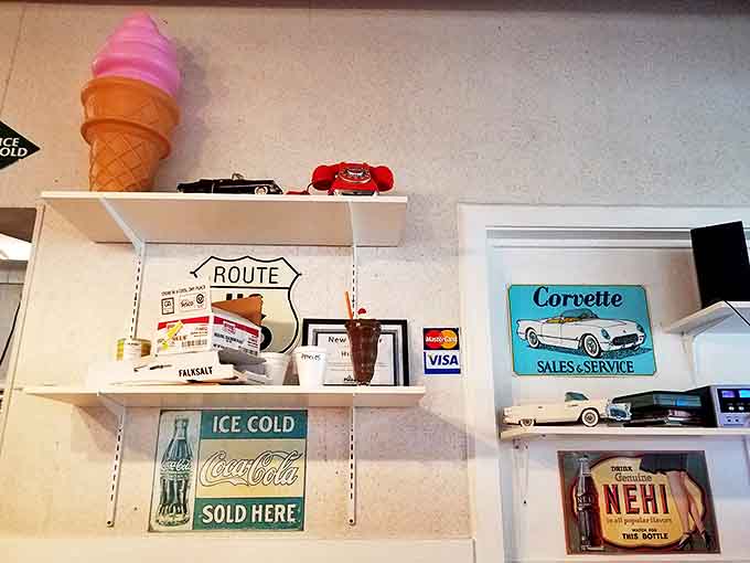 Vintage memorabilia adorns the walls and shelves, creating an atmosphere of authentic nostalgia rather than manufactured "retro" vibes.