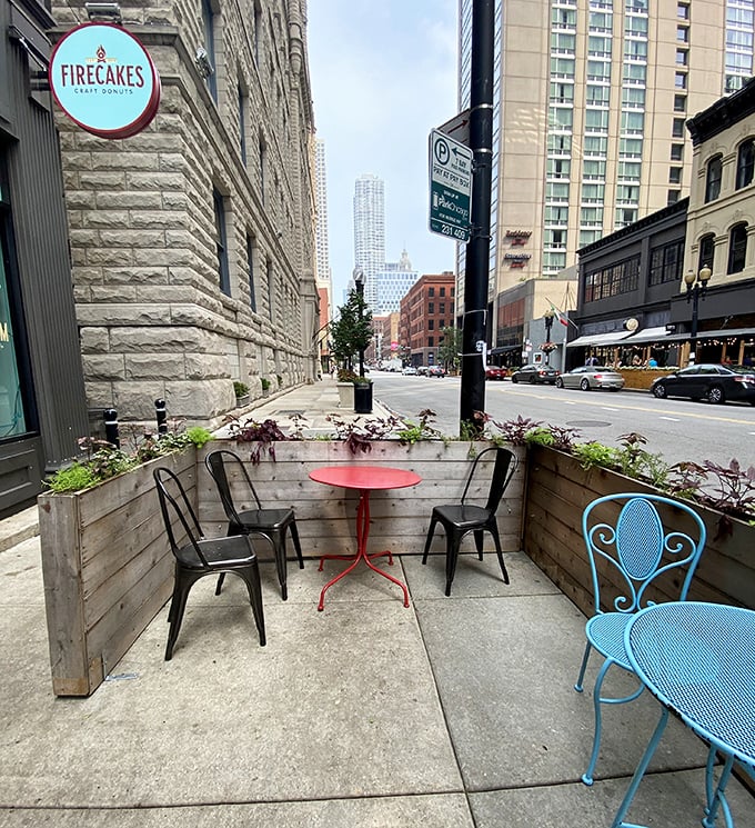 A peaceful urban oasis awaits outside, where colorful chairs invite you to savor your treats while watching Chicago life unfold.