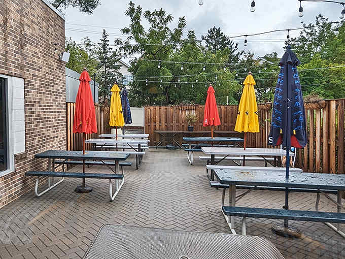 The outdoor patio offers a casual spot to enjoy your overstuffed sandwich while contemplating whether you can fit in dessert.