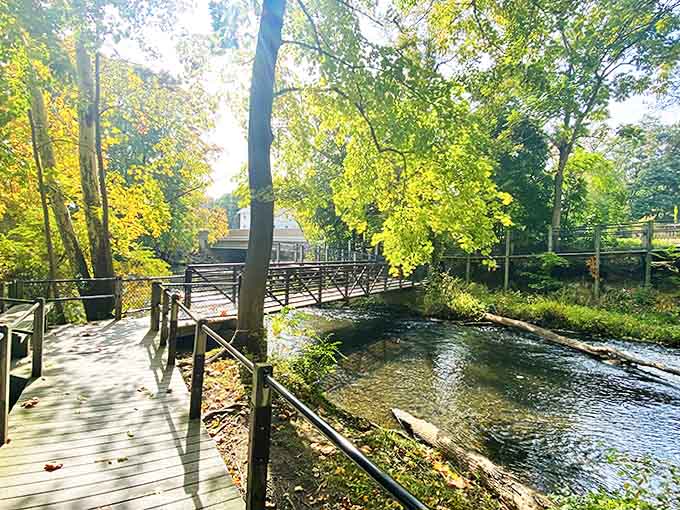 Sunlight dapples through leaves along Marshall's riverwalk, where wooden boardwalks guide visitors alongside the Kalamazoo River's gentle journey through town.