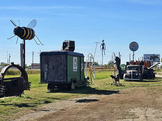 Metal creatures and abstract forms create an otherworldly landscape where imagination runs wild and tetanus shots are highly recommended before visiting.