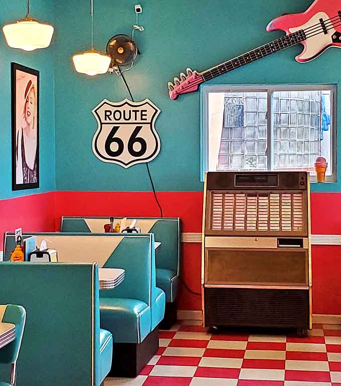 Route 66 memorabilia adorns the walls while a vintage jukebox waits patiently to soundtrack your meal with hits from when music came on vinyl.