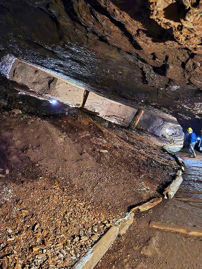 The sloping passageway follows ancient copper veins, its rough-hewn walls bearing the marks of countless pickaxes.