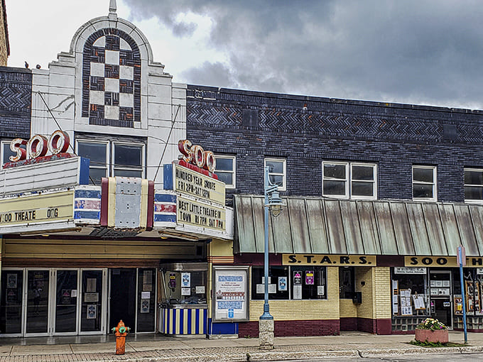 The Soo Theatre's restored marquee and Art Deco facade represent an era when movie houses were architectural statements rather than utilitarian boxes at strip malls.