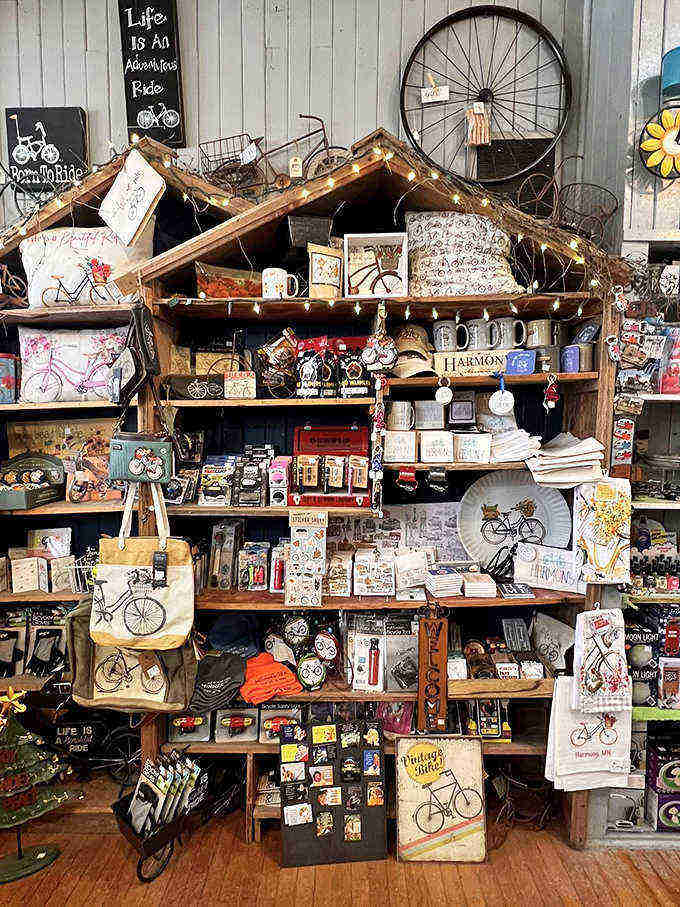 The bicycle-themed corner celebrates Minnesota's love affair with two-wheeled adventures, from practical gear to decorative mementos.