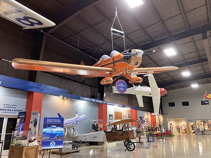 The museum's interior gleams with polished floors reflecting overhead lights, creating an almost cathedral-like atmosphere for these mechanical marvels of human ingenuity.