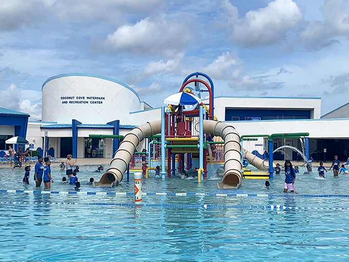 Coconut Cove's water playground features multiple levels of splashing fun, where even the smallest visitors can find their aquatic courage.