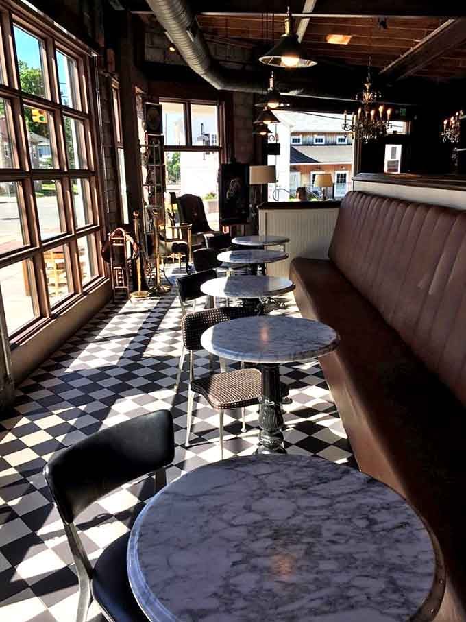 Marble-topped tables and leather banquettes create the perfect perch for people-watching while savoring that perfect espresso and pastry combination.