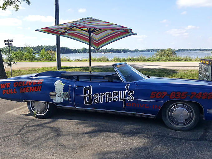 The vintage blue convertible isn't just transportation &ndash; it's a rolling piece of Americana that delivers burgers with style.