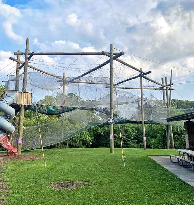 A playground for the brave: this massive netted structure invites adventurers to crawl, climb and bounce their way through a three-dimensional maze.