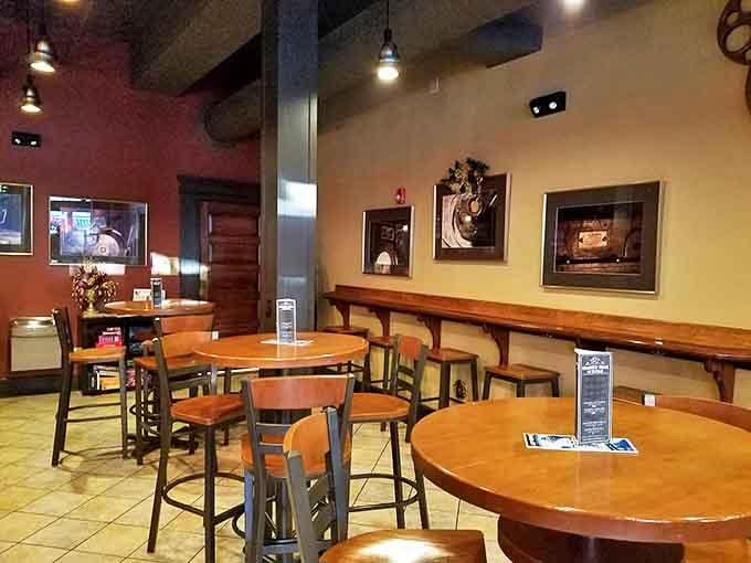 Warm lighting and thoughtful design make the dining area an inviting space to linger over conversations and craft beverages.