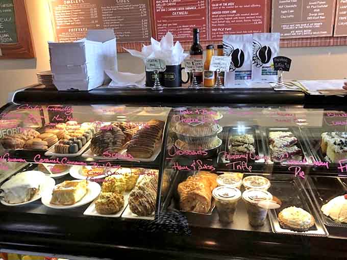 The bakery case at Colossal Cafe serves as a glass-enclosed museum of morning delights that make saying "just coffee" virtually impossible.