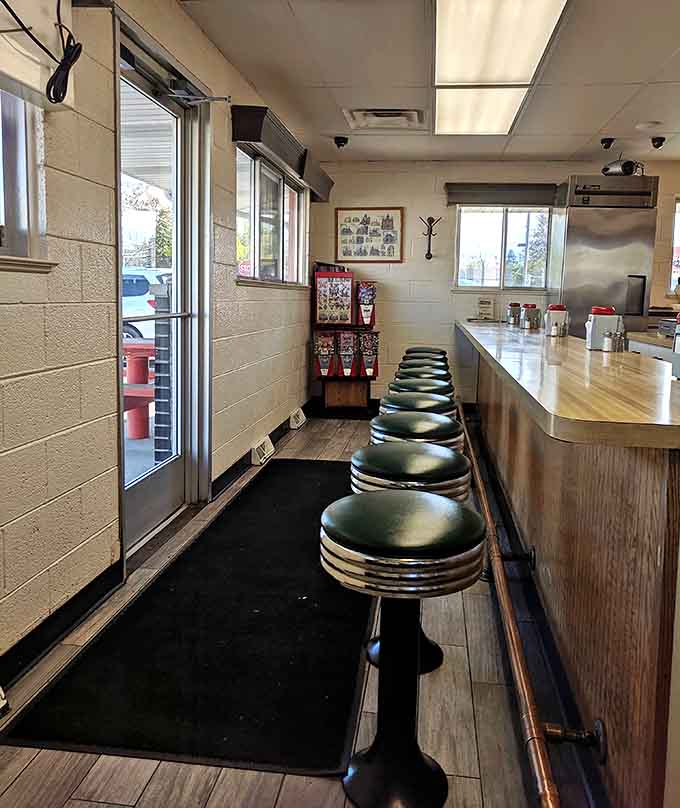 The counter seating area invites solo diners and couples to spin on chrome stools while watching the kitchen choreography that produces each perfect plate.