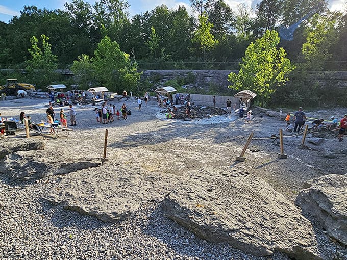 Visitors of all ages spread across the quarry's terraced landscape, each step potentially revealing creatures that swam millions of years ago.