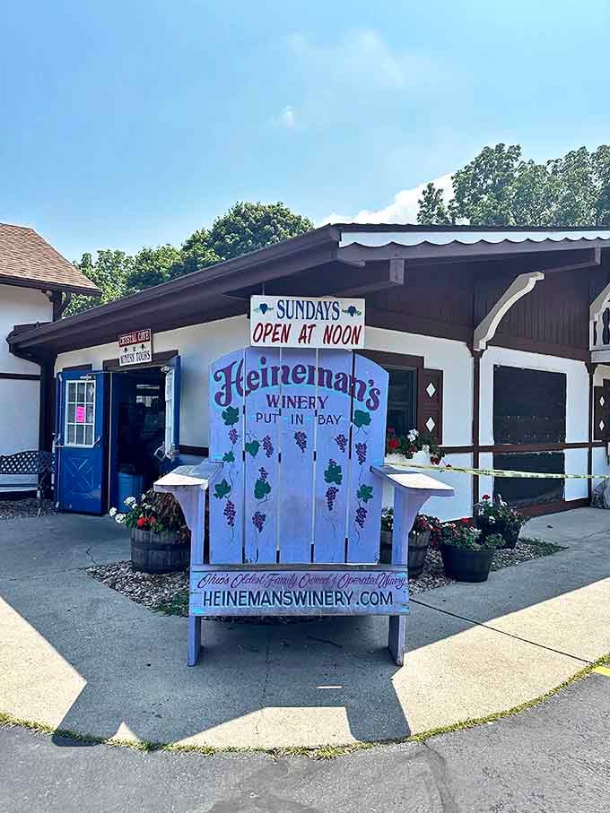 Heineman's iconic oversized welcome sign invites visitors to sit a spell before diving into wine tasting and crystal gazing.