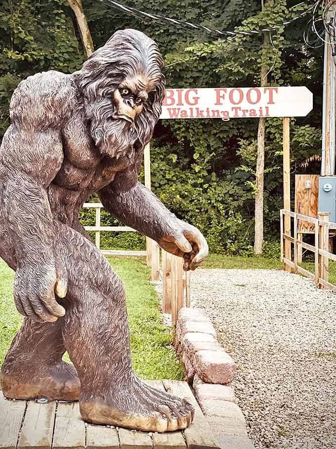 The legendary Sasquatch stands guard at his namesake trail, daring visitors to explore the woods and perhaps catch a glimpse of his cousins.