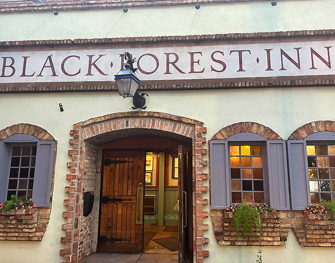 The outdoor courtyard offers an urban oasis where brick, greenery, and blue-checkered tablecloths create a little slice of Bavaria.
